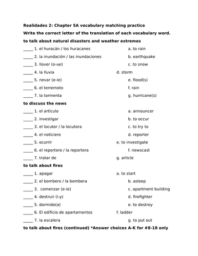 Realidades 2: Chapter 5A vocabulary matching practice | Teaching Resources
