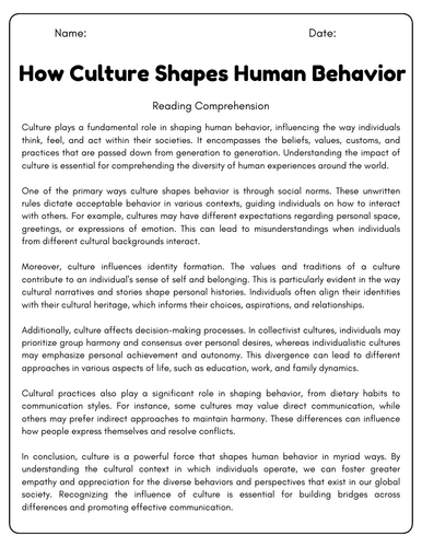 How Culture Shapes Human Behavior: Reading Comprehension Passages ...