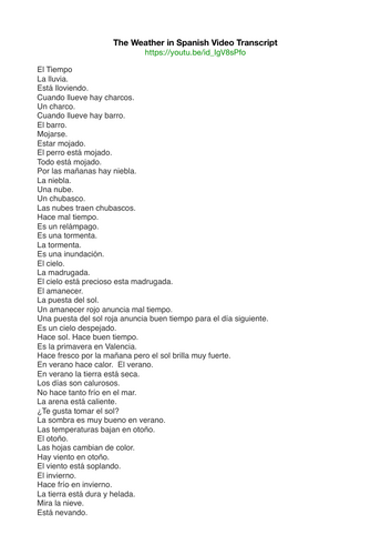The Weather in Spanish Worksheet + Video | Teaching Resources