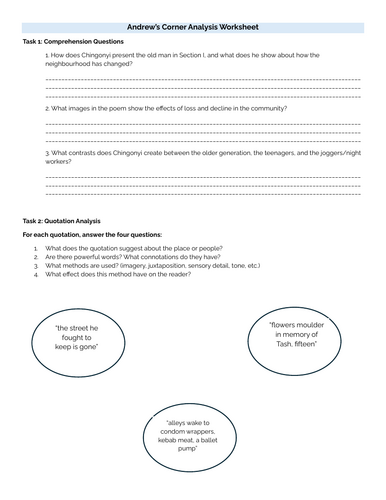 Kayo Chingonyi Poetry: Andrew's Corner Analysis Writing Worksheet ...