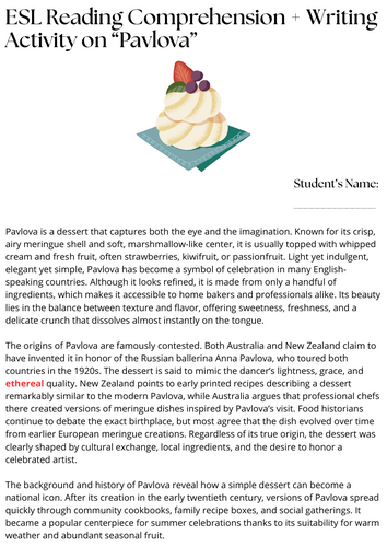 ESL Reading Comprehension + Writing Activity Worksheets - Pavlova ...