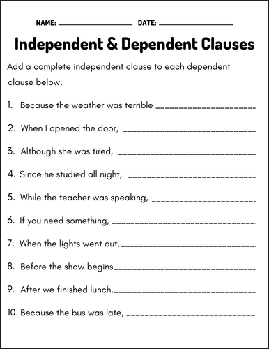 Independent and Dependent Clauses Worksheets | ELA Grammar Practice ...