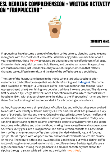ESL Reading Comprehension + Writing Activity Worksheets on Frappuccino ...