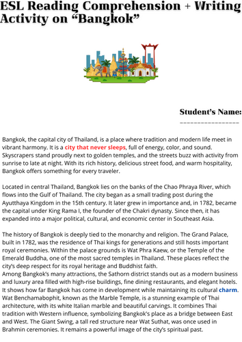ESL Reading Comprehension + Writing Activity Worksheets on "Bangkok ...