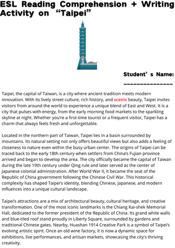 ESL Reading Comprehension + Writing Activity Worksheets on "Taipei ...