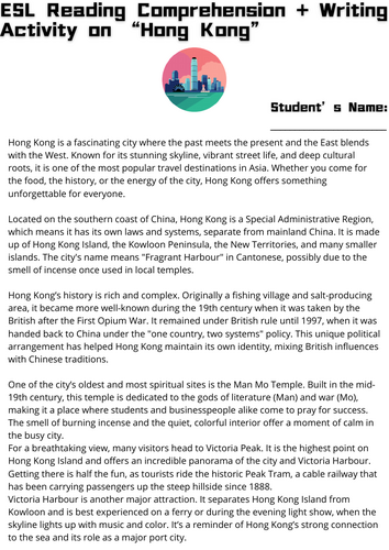 ESL Reading Comprehension + Writing Activity Worksheets on "Hong Kong ...