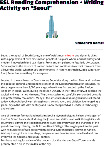 ESL Reading Comprehension + Writing Activity Worksheets on "Seoul ...