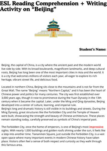 ESL Reading Comprehension + Writing Activity Worksheets on "Beijing ...