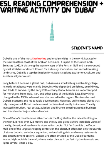 ESL Reading Comprehension + Writing Activity Worksheets on Dubai - UAE ...