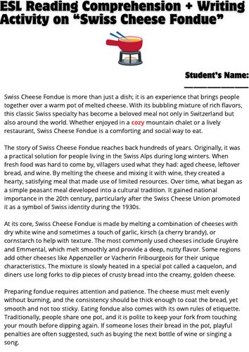 ESL Reading Comprehension + Writing Activity Worksheets on "Swiss ...