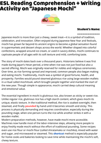 ESL Reading Comprehension + Writing Activity Worksheets on "Japanese ...