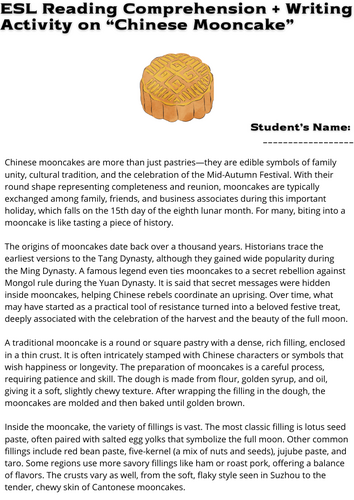 ESL Reading Comprehension + Writing Activity Worksheets on "Chinese ...