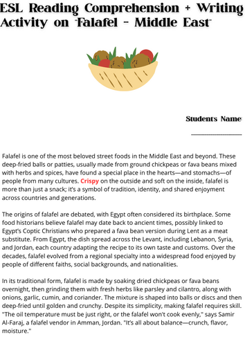 ESL Reading Comprehension + Writing Activity Worksheets on Falafel ...
