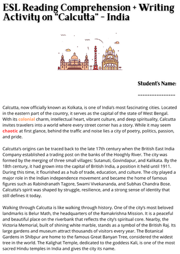 ESL Reading Comprehension + Writing Activity Worksheets on Calcutta ...