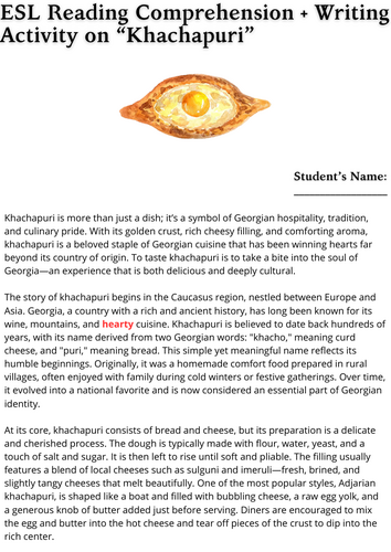 ESL Reading Comprehension + Writing Activity Worksheets on Khachapuri ...