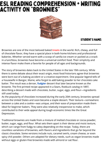 ESL Reading Comprehension + Writing Activity Worksheets on "Chocolate ...