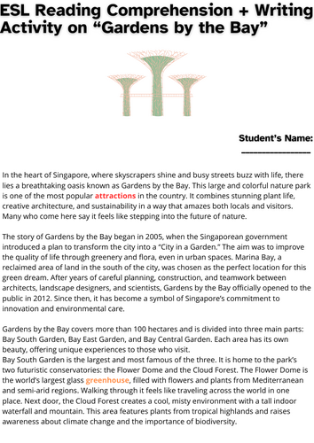 ESL Reading Comprehension + Writing Activity - Gardens by the Bay ...