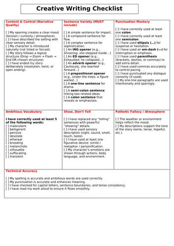 Creative Writing Checklist – Narrative Writing Success Criteria ...