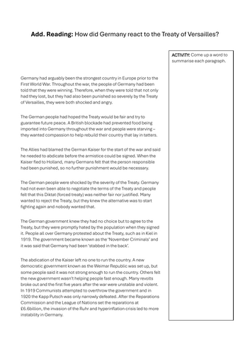 German Reactions to the Treaty of Versailles (AQA) | Teaching Resources