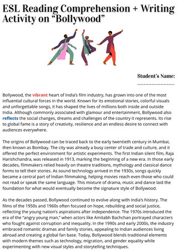 ESL Reading Comprehension + Writing Activity Worksheets on Bollywood ...