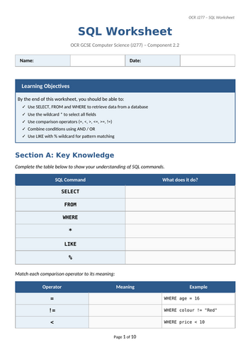 SQL Worksheet - Computer Science OCR J277 | Teaching Resources