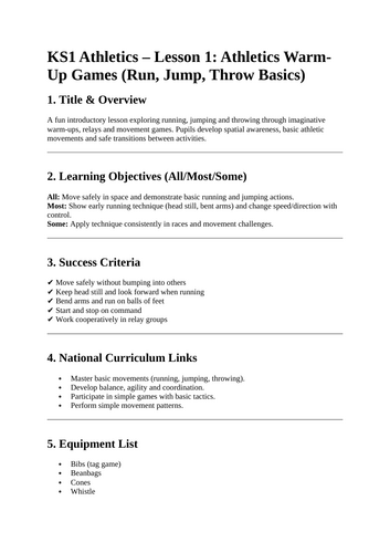 KS1 Athletics – Complete 10-Lesson Scheme (Running, Jumping & Throwing ...