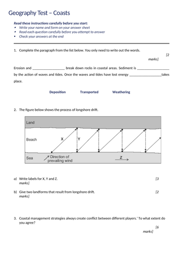 Geography – Coasts End-of-Unit Test (30-Mark Assessment with Skills ...