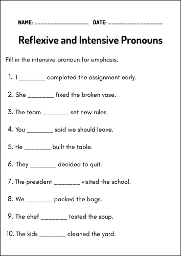 Reflexive and Intensive Pronouns Mastery Worksheets | Teaching Resources