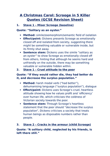 A Christmas Carol - Scrooge in 5 Killer Quotes (GCSE Revision sheet ...
