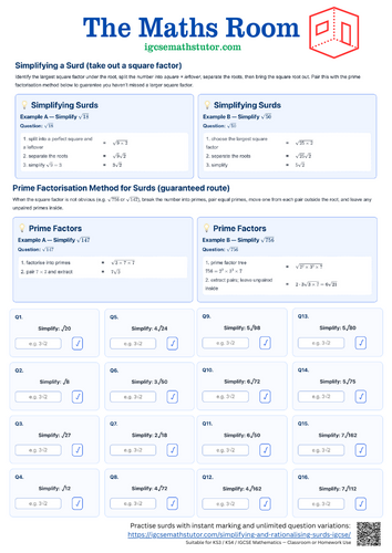 Simplifying Surds Worksheet (IGCSE Maths) + Answers | Teaching Resources