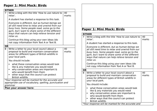 Mini-Mocks Pearson 2.0 GCSE English Language | Teaching Resources