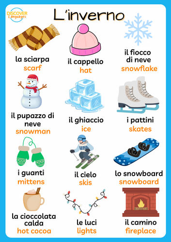 Italian Winter Season L’inverno Vocabulary Poster Worksheets Wordsearch ...