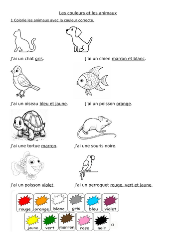 Animaux et couleurs differentiated worksheet (reading, writing and ...
