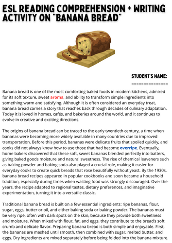 ESL Reading Comprehension + Writing Activity Worksheets - Banana Bread ...