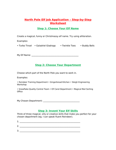 Christmas Elf Job Application Writing Activity and Printable Worksheet ...