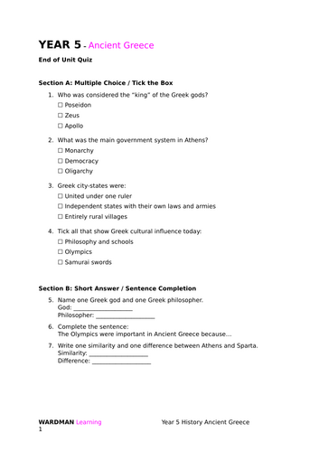 Year 5 Ancient Greece planning, assessment, quiz and slide blanks ...