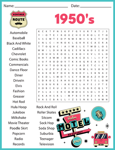 1950s American Culture Word Search Puzzle | Rock and Roll, Diners ...