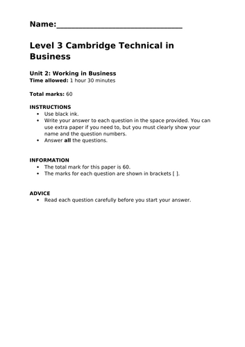 CTEC Level 3 Business – Unit 2 Mock Exam | Mark Scheme & Exemplar Answers | Teaching Resources