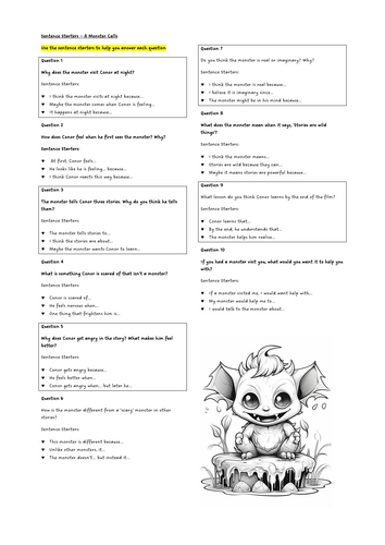 A Monster Calls: Reading Comprehension & Creative Writing Worksheets ...