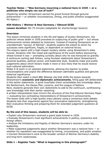 Stresemann: Hero of Weimar Germany or Overrated Statesman? Enquiry GCSE ...