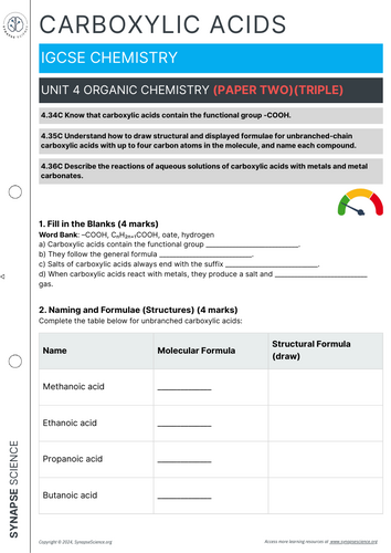 Carboxylic Acids (Triple) – Lesson & Worksheet – Unit 4 – IGCSE ...