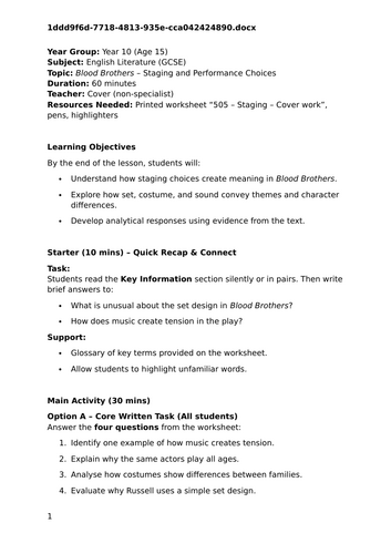 Blood Brothers - Cover - Staging - Writers Techniques | Teaching Resources
