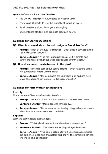 Blood Brothers - Cover - Staging - Writers Techniques | Teaching Resources