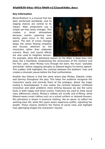 Blood Brothers - Cover - Staging - Writers Techniques | Teaching Resources