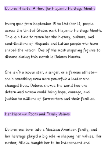 Dolores Huerta Reading Passage: A Hero for Hispanic Heritage Month ...