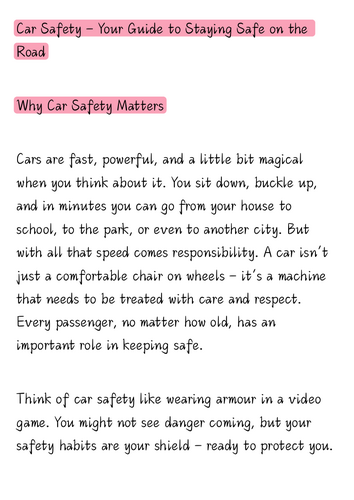 The Ultimate Guide to Car Safety for Kids. Reading Text! | Teaching ...