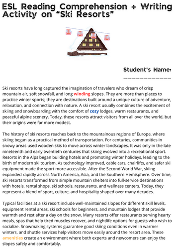 ESL Reading Comprehension + Writing Activity Worksheets - Ski Resorts ...