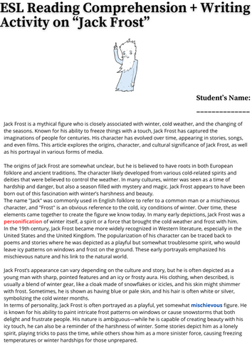 ESL Reading Comprehension + Writing Activity Worksheets on "Jack Frost ...