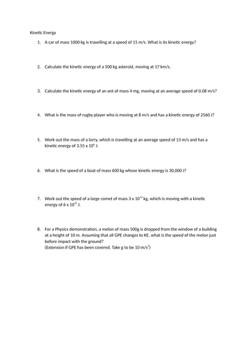 Ramped GCSE Physics Kinetic Energy worksheet | Teaching Resources