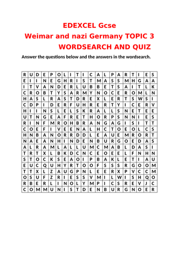 EDEXCEL GCSE HISTORY WEIMAR AND NAZI GERMANY TOPIC 3 WORDSEARCH AND ...